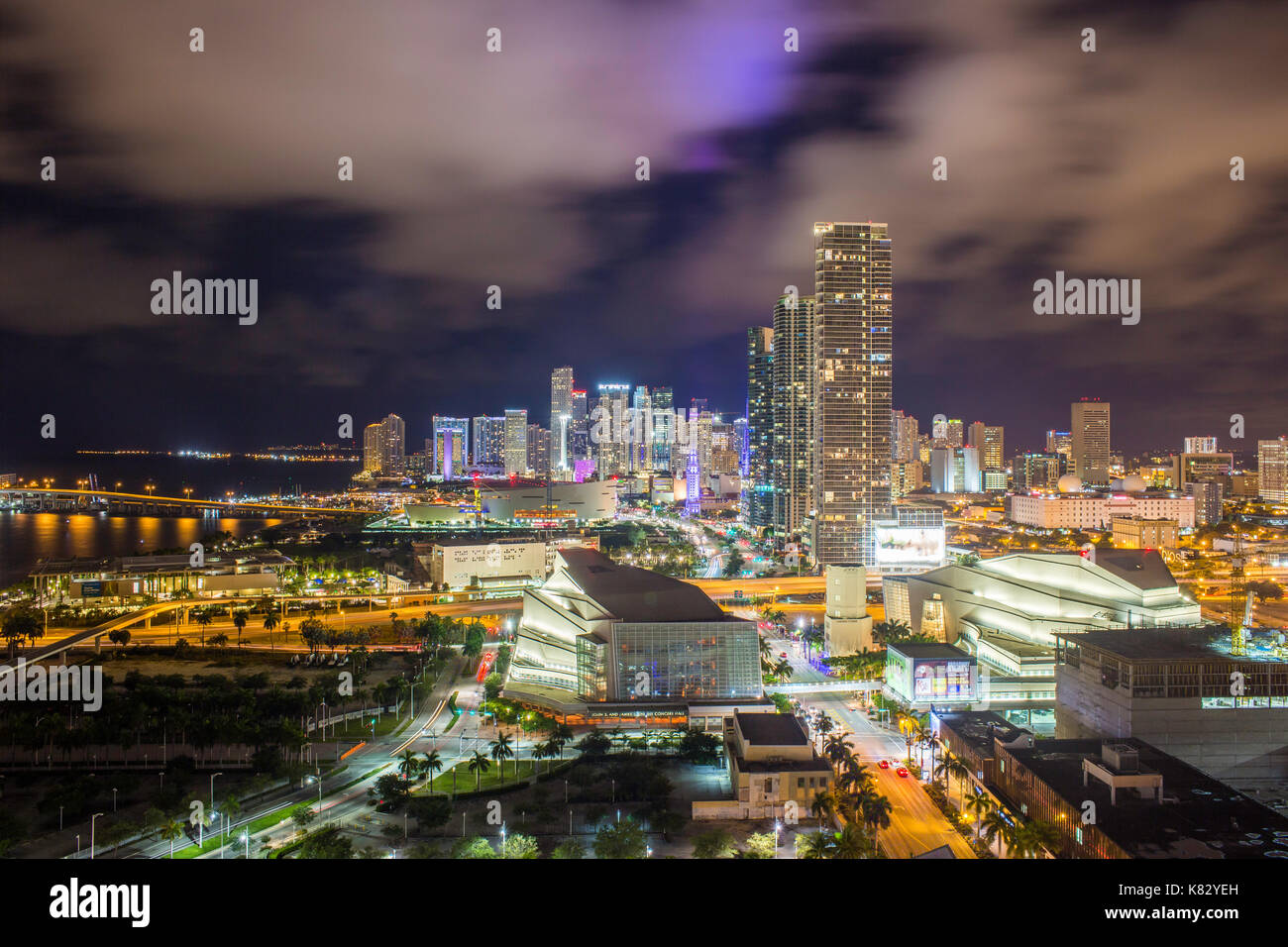 Elevated view over Biscayne Boulevard and the skyline of Miami, Florida ...