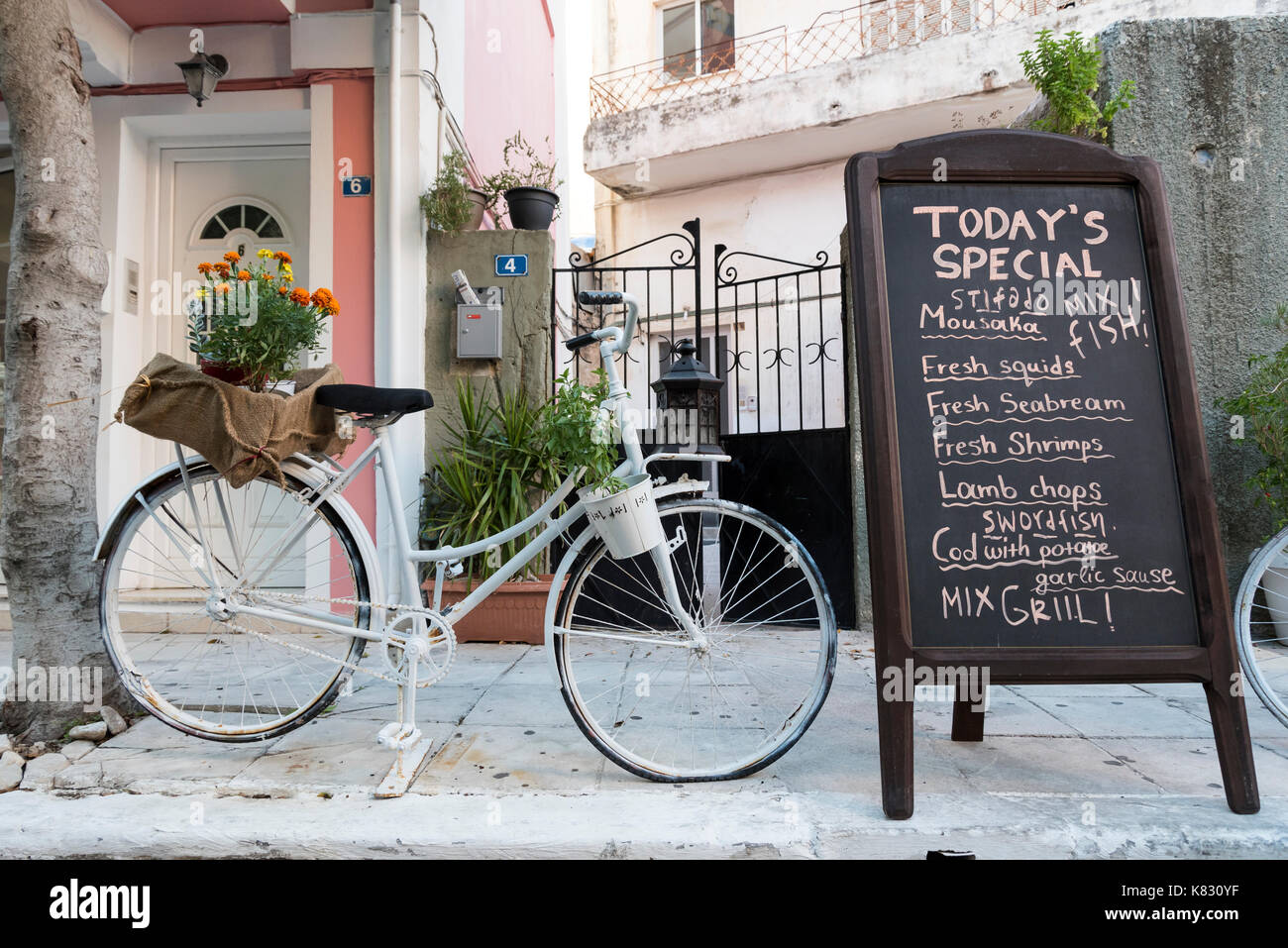 Bicycle and Board with Restaurant Menu, Zakynthos Town, Greece Stock ...