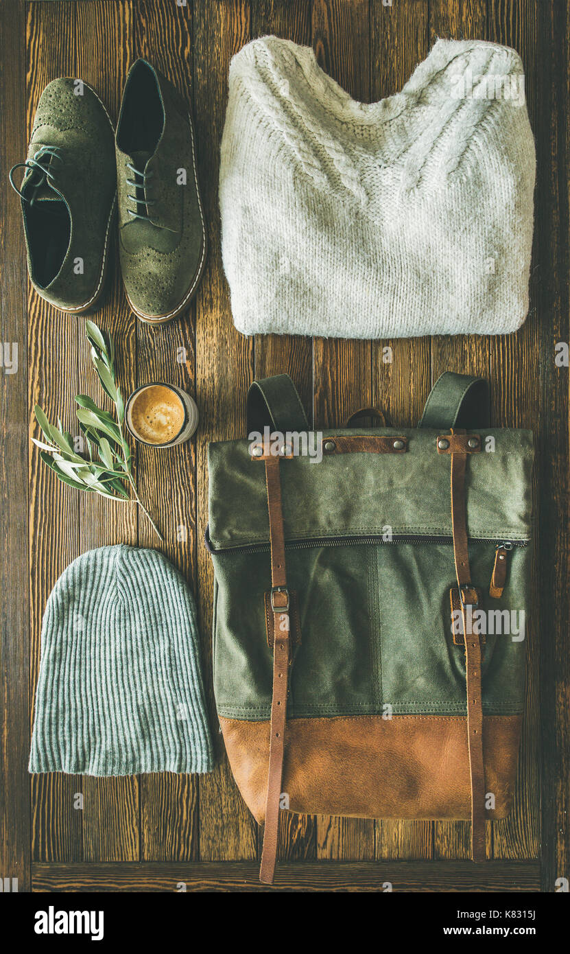 Flat-lay of Fall lady' s clothes trendy outfit and coffee Stock Photo ...