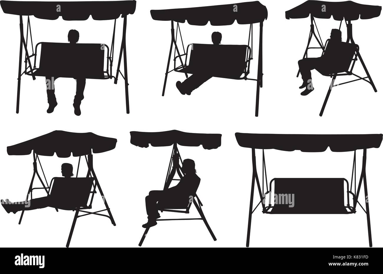 Set of different garden swings with people isolated on white Stock ...