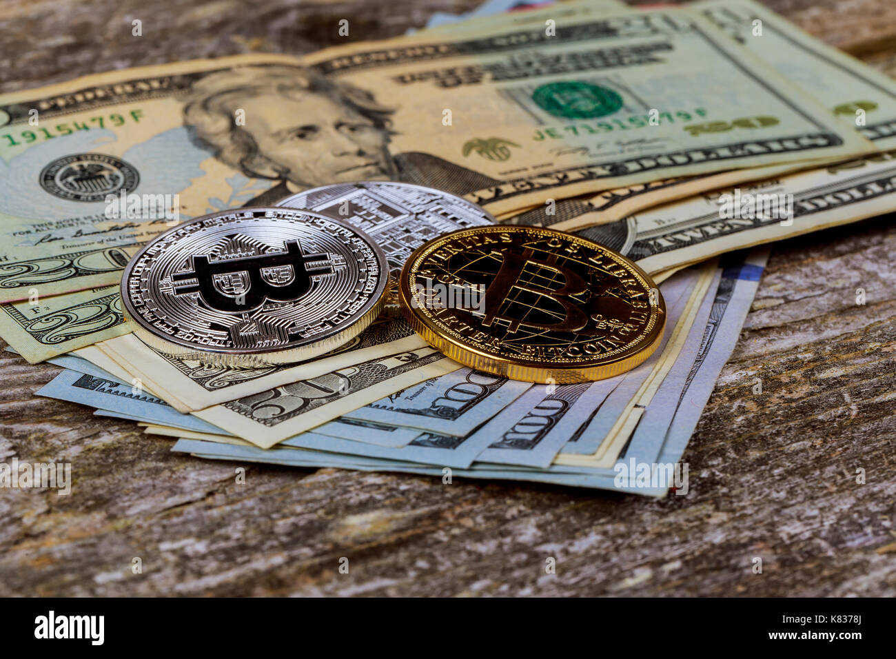 Bitcoin and dollar The concept of crypto currency. dollars bills coin ...