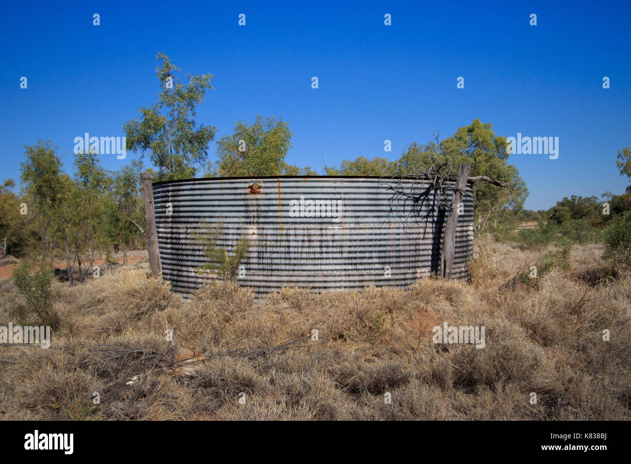 Outback corrugated iron water tank in Western Queensland with dry grass ...