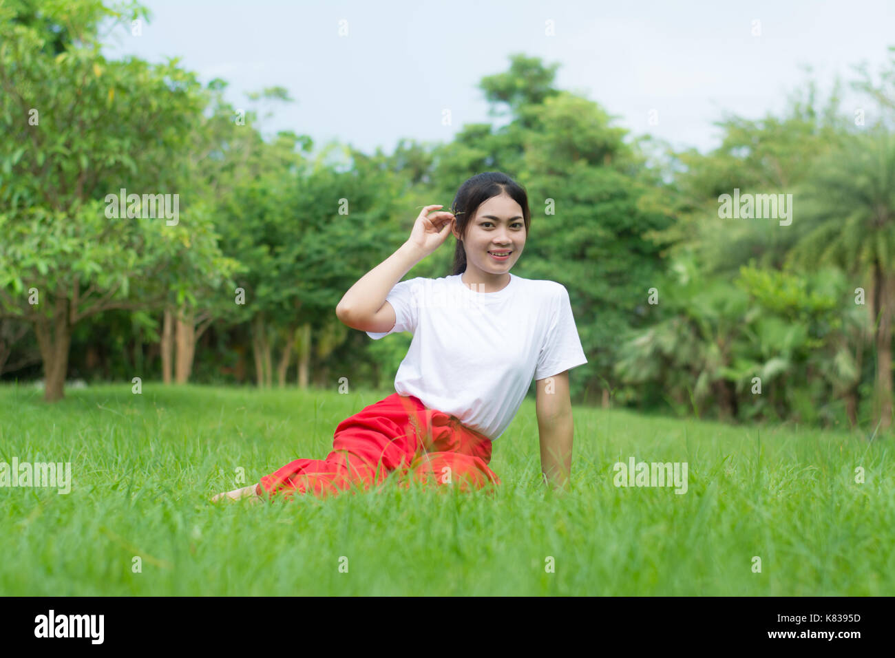 Asian young girl learning Thai dance. Classical Dance in white shirt ...