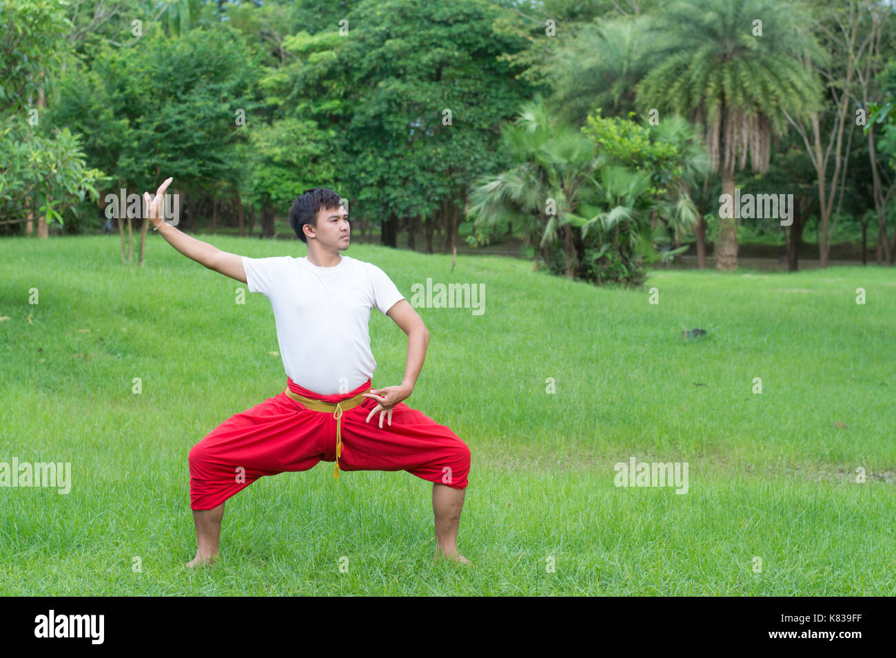 Asian young boy Thai dance. Classical Dance in white shirt red ...