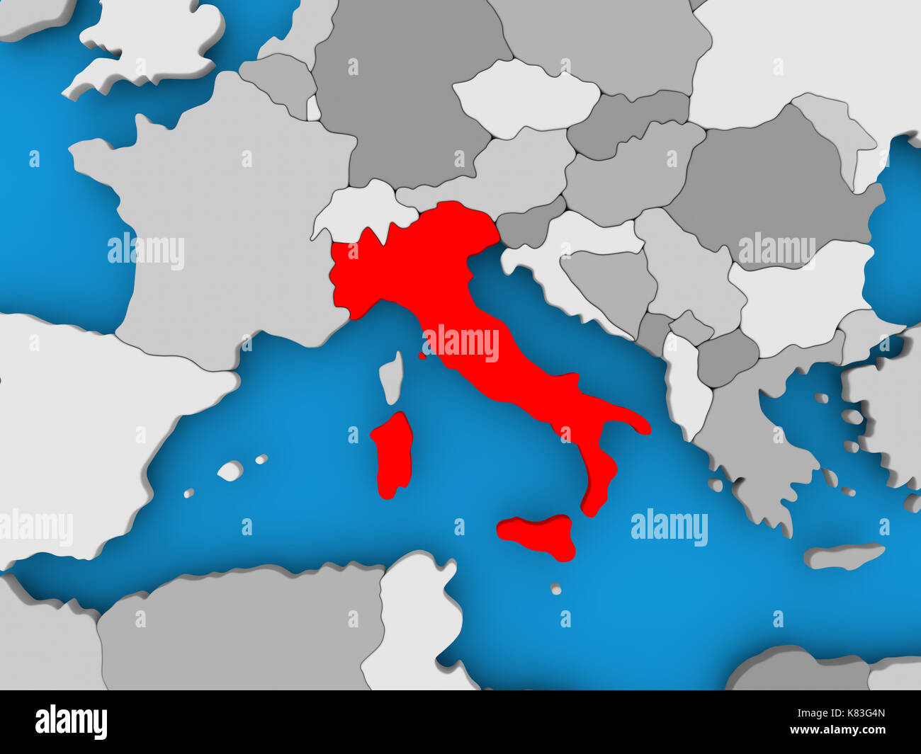 Italy in red on political map. 3D illustration Stock Photo - Alamy
