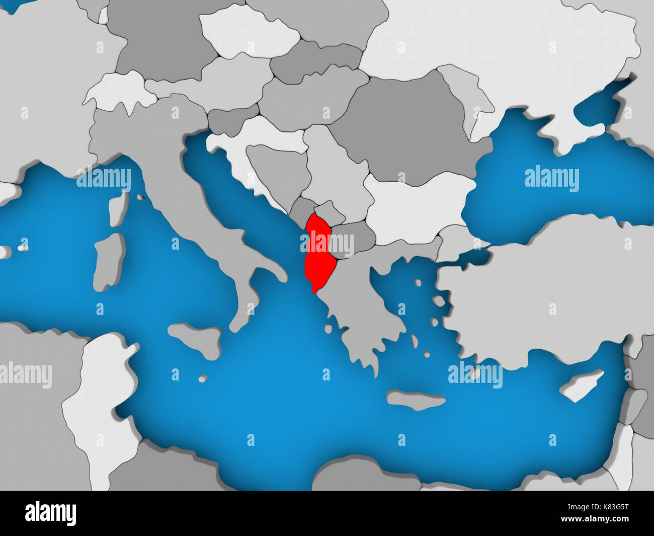 Albania in red on political map. 3D illustration Stock Photo - Alamy