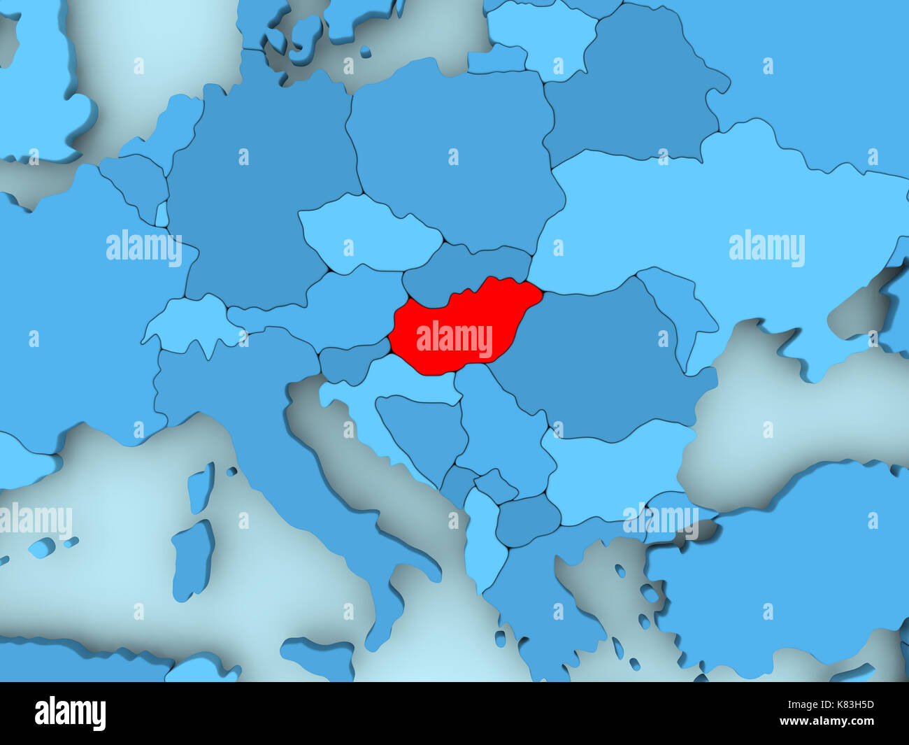 Hungary in red on blue political map. 3D illustration Stock Photo - Alamy
