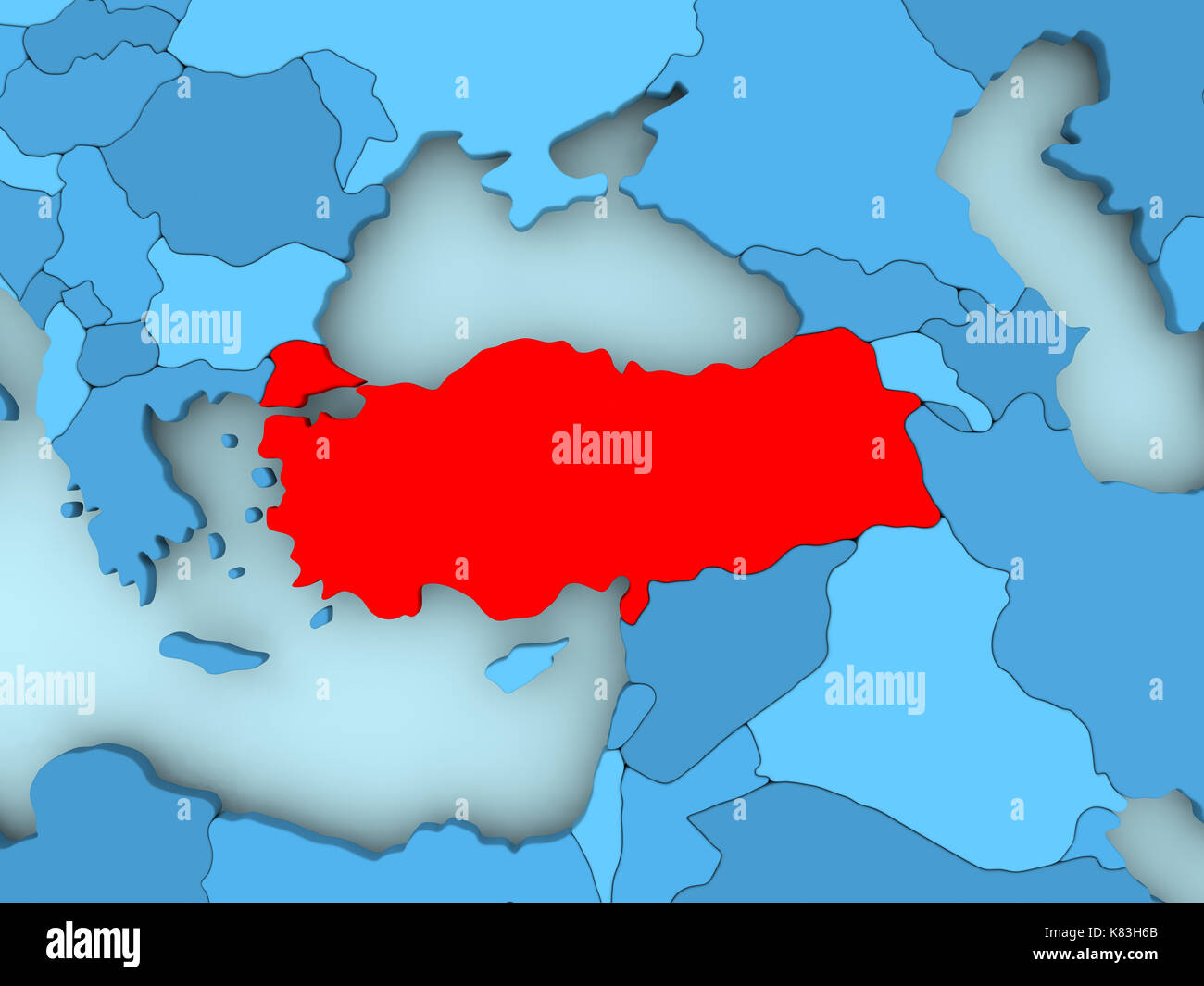 Turkey in red on blue political map. 3D illustration Stock Photo - Alamy