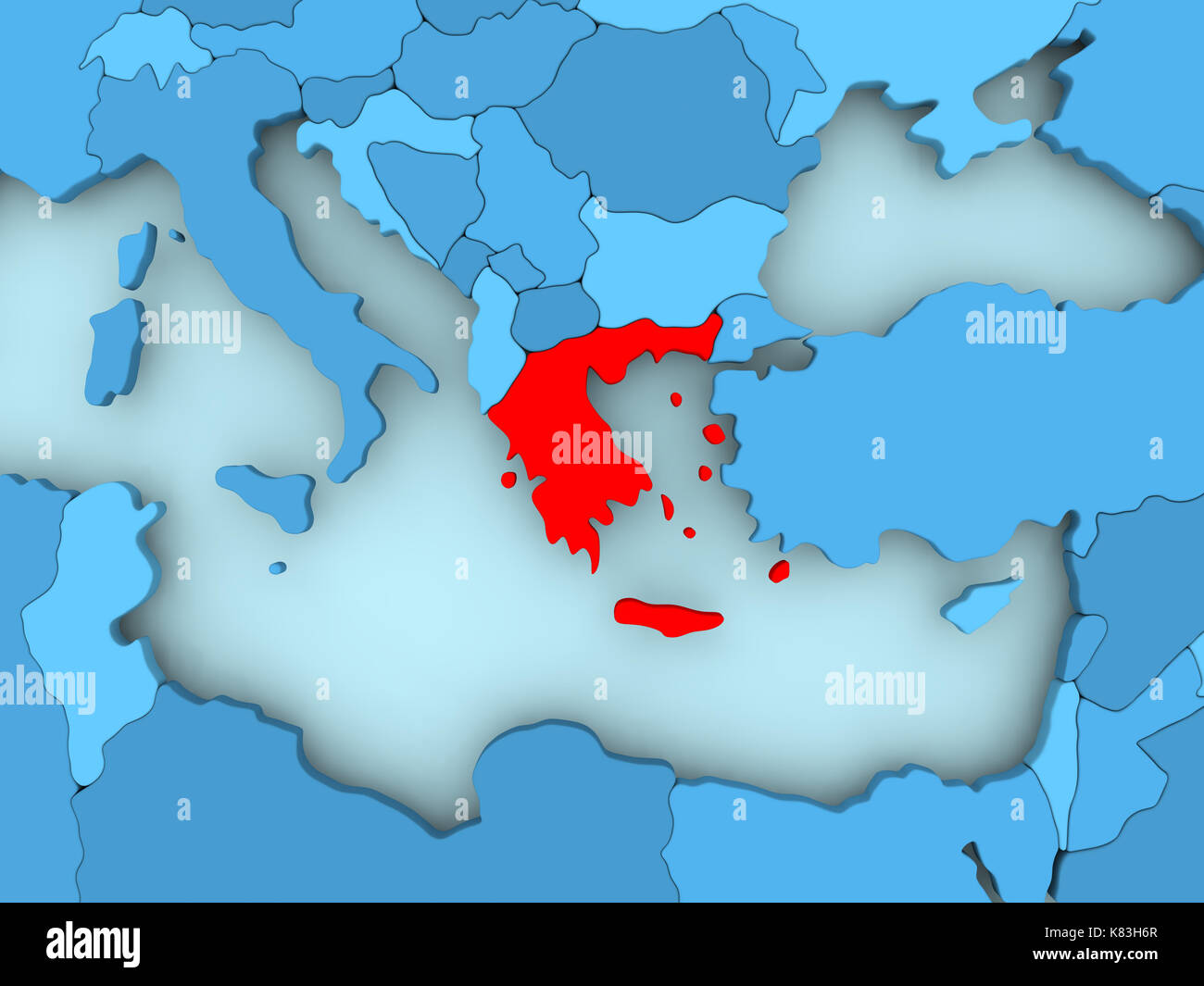 Greece in red on blue political map. 3D illustration Stock Photo - Alamy