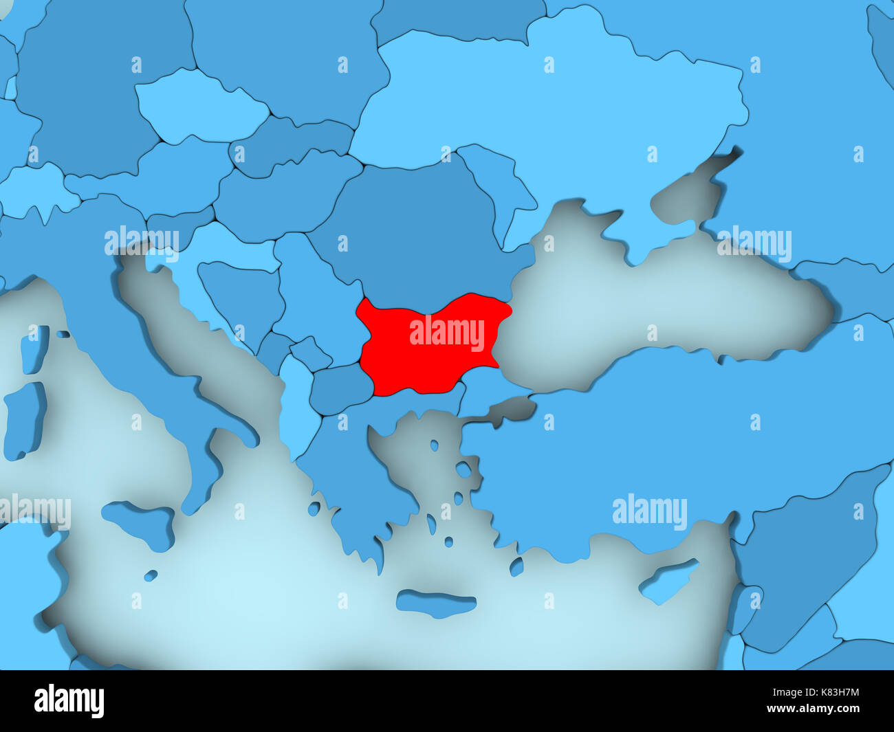 Bulgaria in red on blue political map. 3D illustration Stock Photo - Alamy