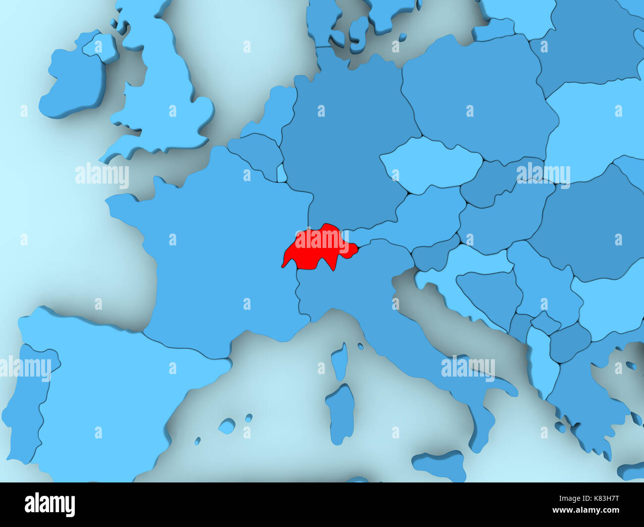 Switzerland in red on blue political map. 3D illustration Stock Photo ...