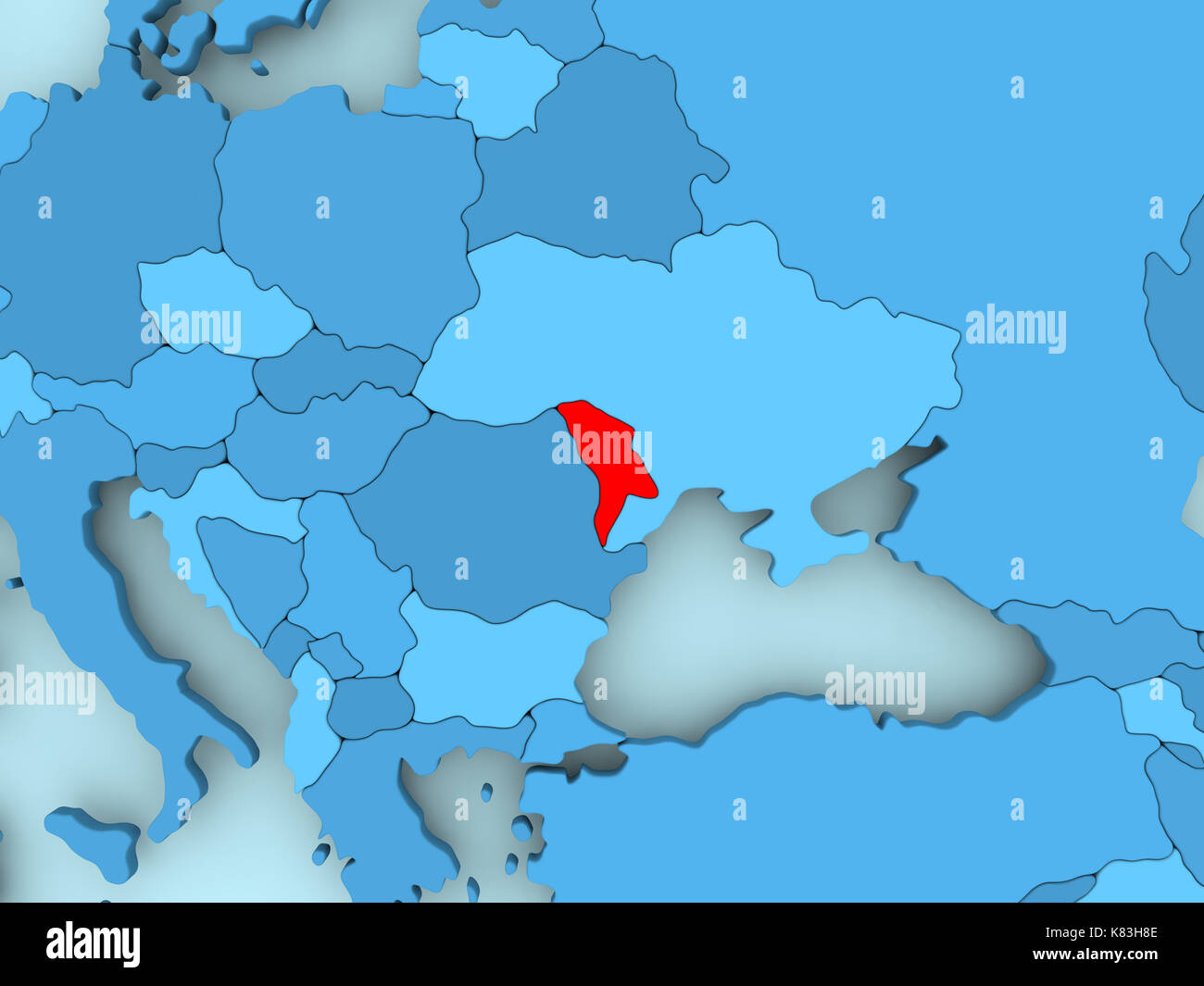 Moldova in red on blue political map. 3D illustration Stock Photo - Alamy