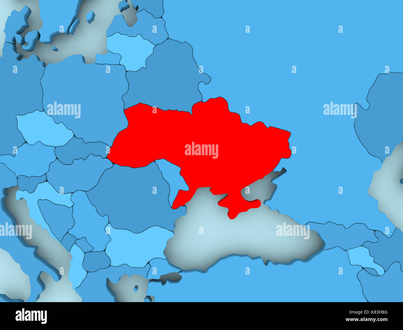 Ukraine in red on blue political map. 3D illustration Stock Photo - Alamy