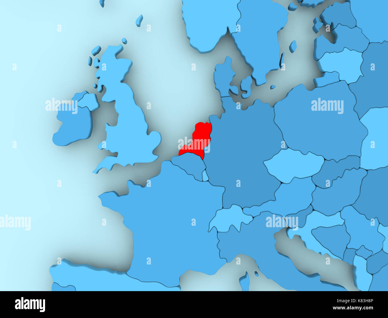 Netherlands in red on blue political map. 3D illustration Stock Photo ...
