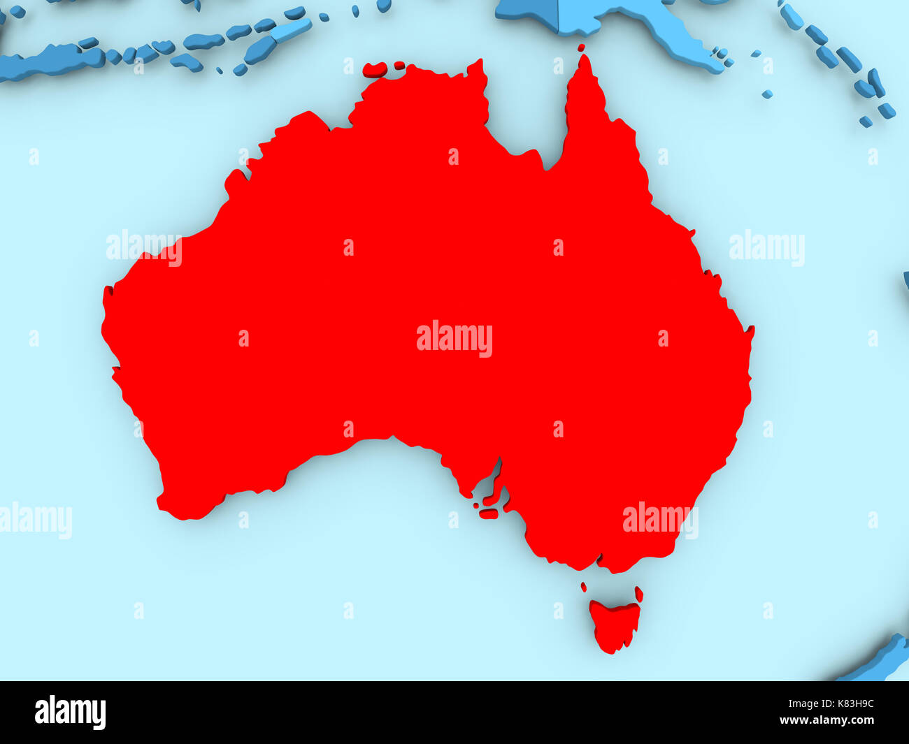 Australia in red on blue political map. 3D illustration Stock Photo - Alamy