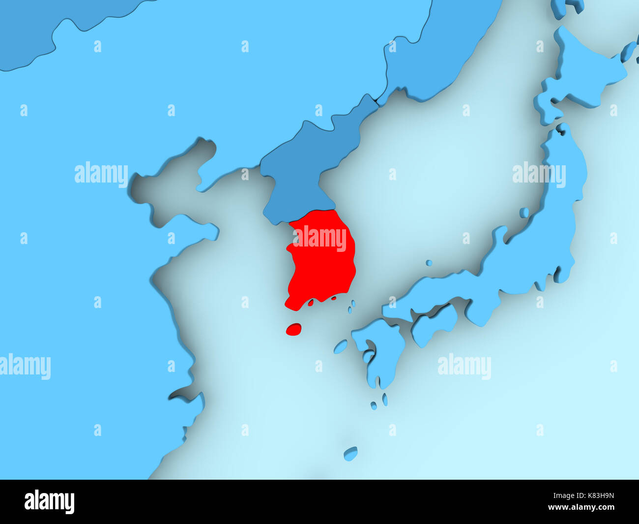 South Korea in red on blue political map. 3D illustration Stock Photo ...
