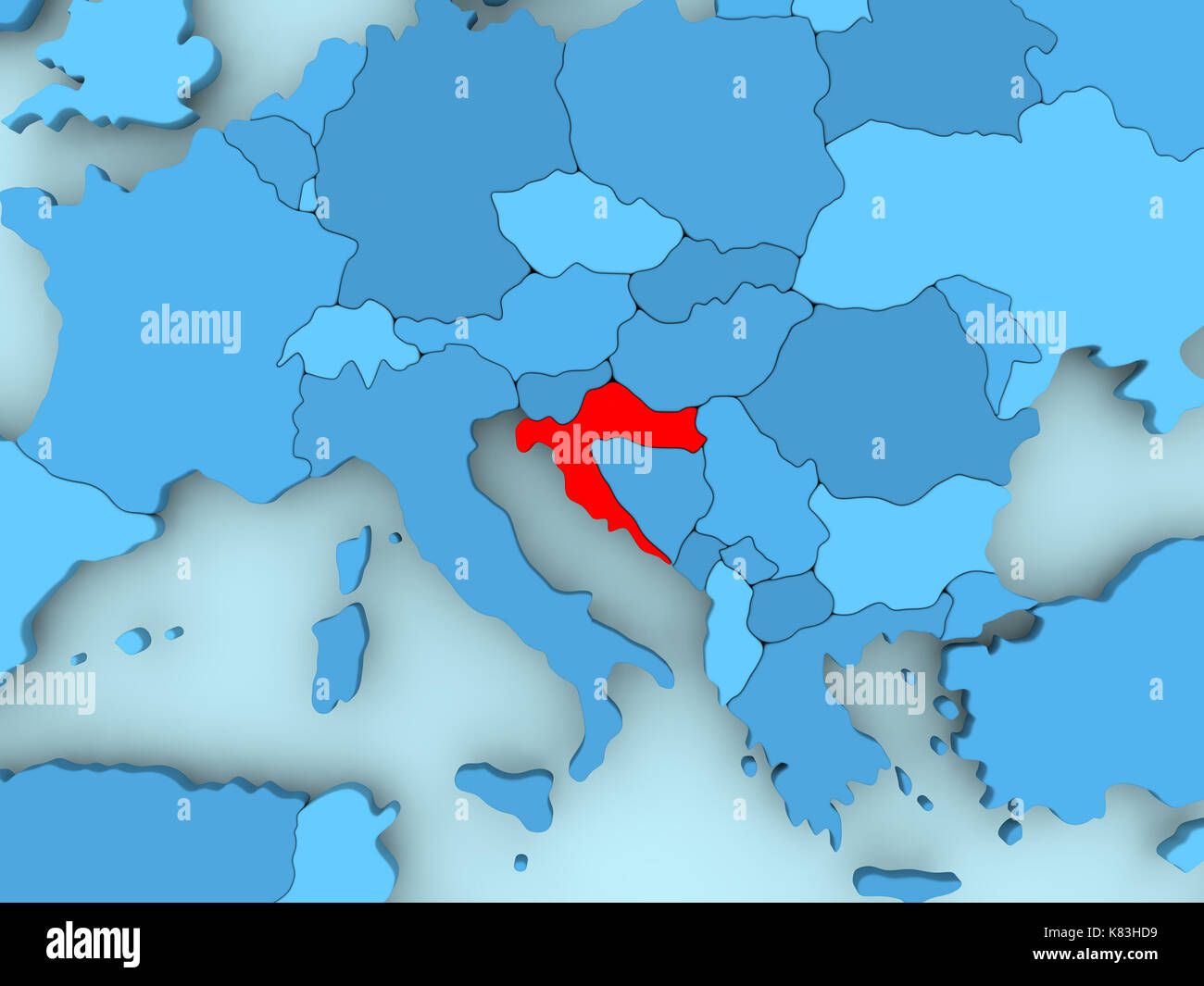 Croatia in red on blue political map. 3D illustration Stock Photo - Alamy