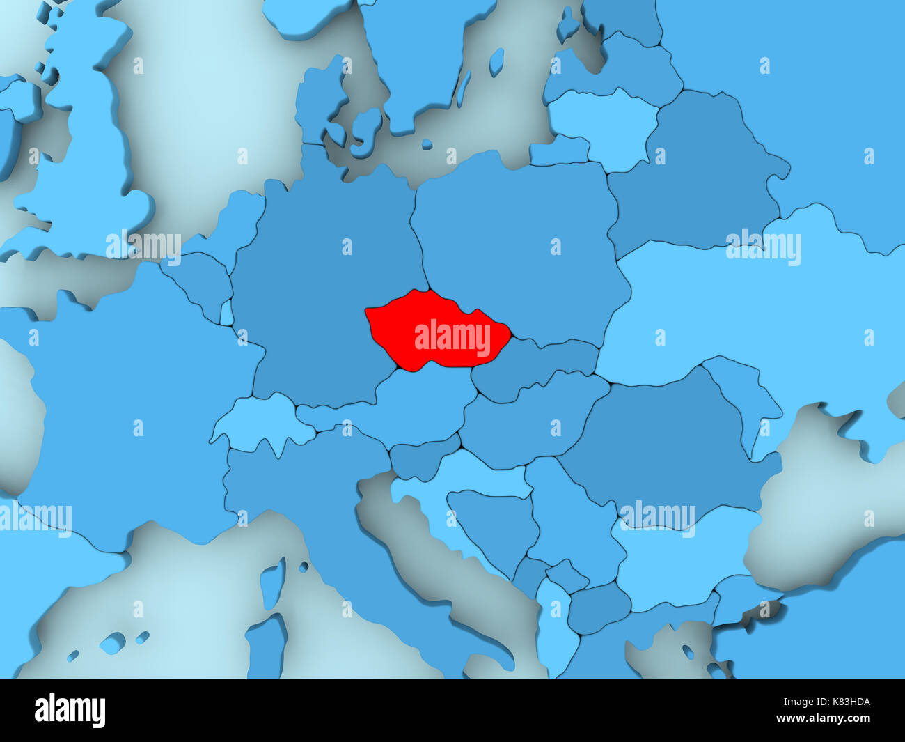 Czech republic in red on blue political map. 3D illustration Stock ...