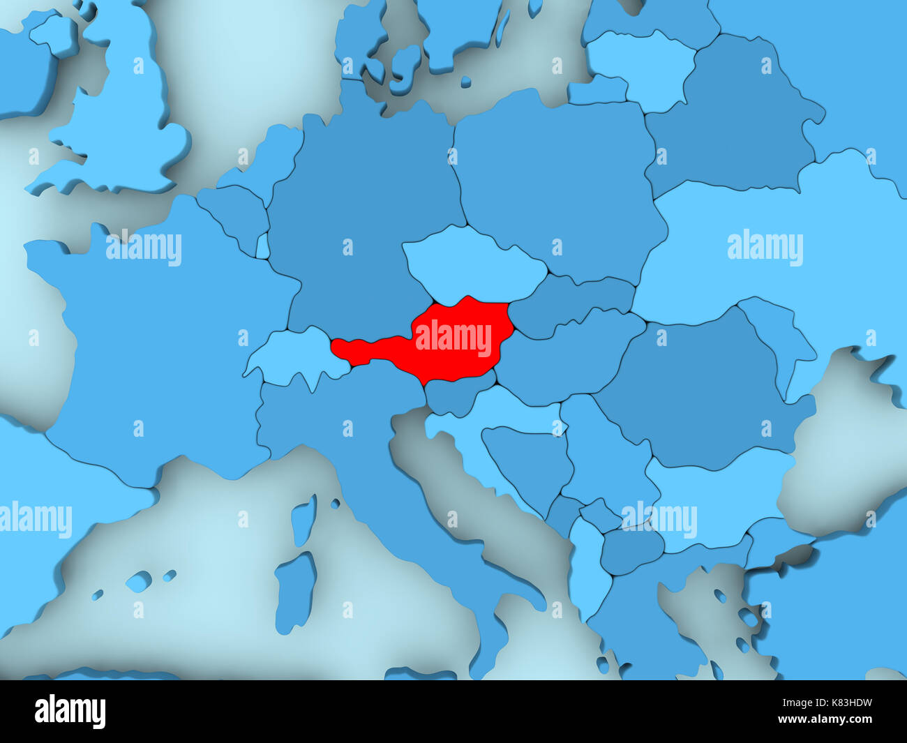 Austria in red on blue political map. 3D illustration Stock Photo - Alamy