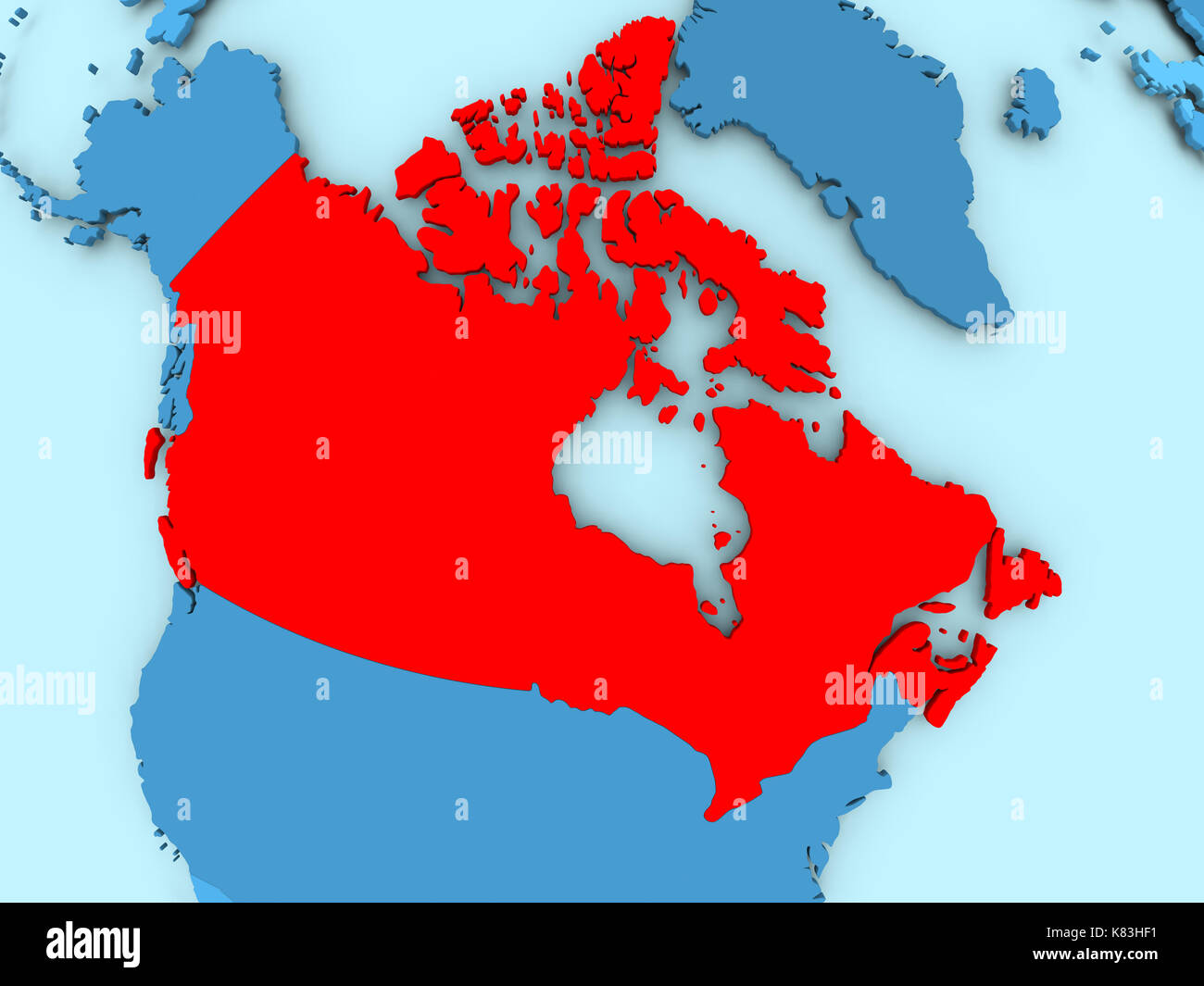Canada in red on blue political map. 3D illustration Stock Photo - Alamy