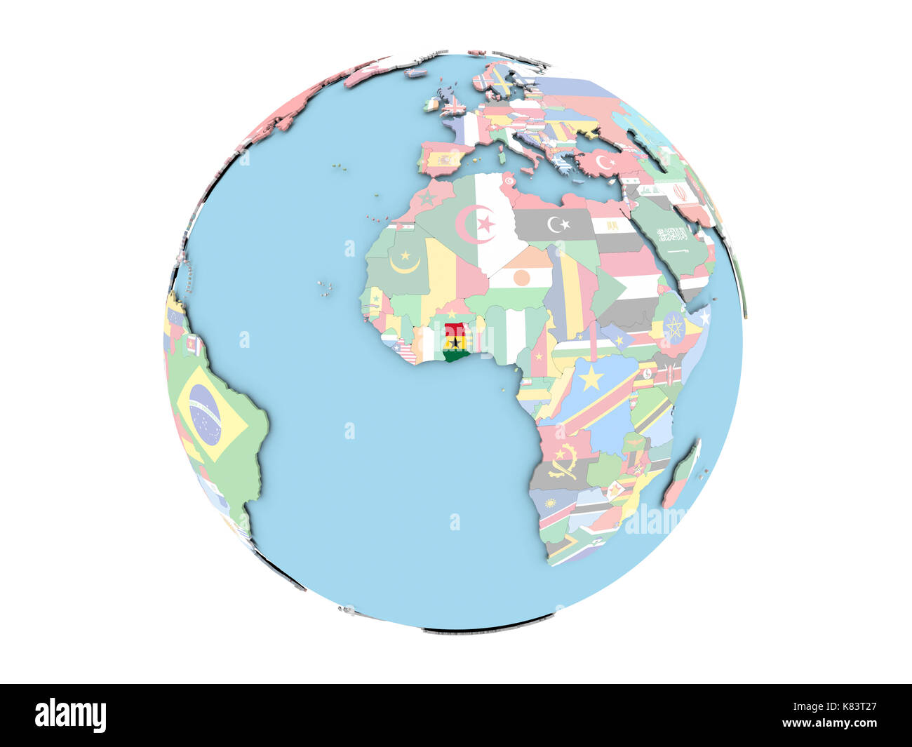 Ghana on political globe with embedded flags. 3D illustration isolated ...