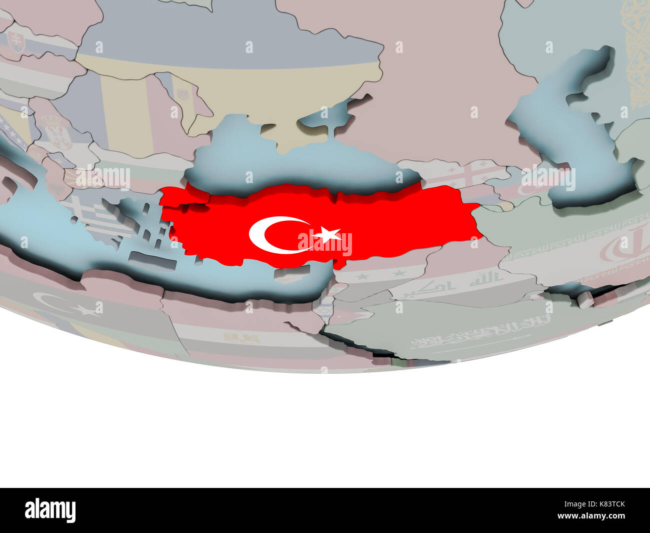 3D illustration of Turkey with embedded flag on political globe. 3D ...
