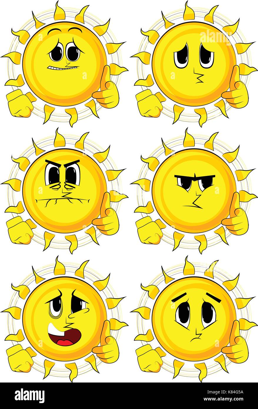 Cartoon sun with pointing hand at the viewer. Collection with sad faces ...