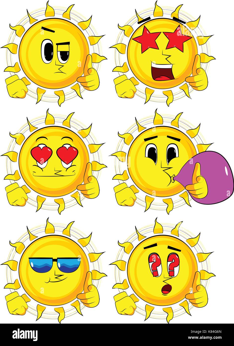 Cartoon sun with pointing hand at the viewer. Collection with various ...