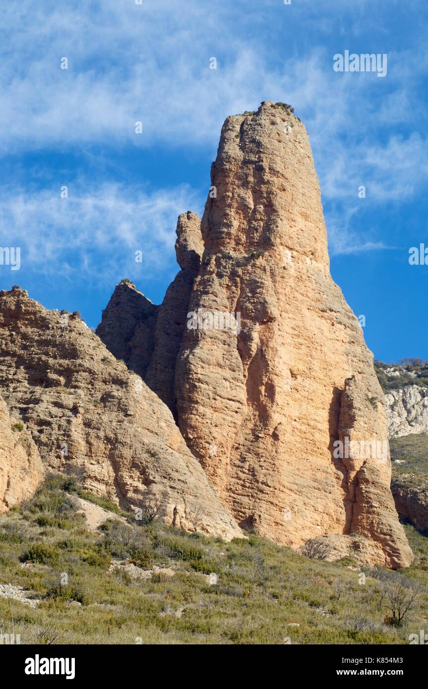 Rock spires known as Mallos de Riglos, Huesca, Aragon, Spain Stock ...