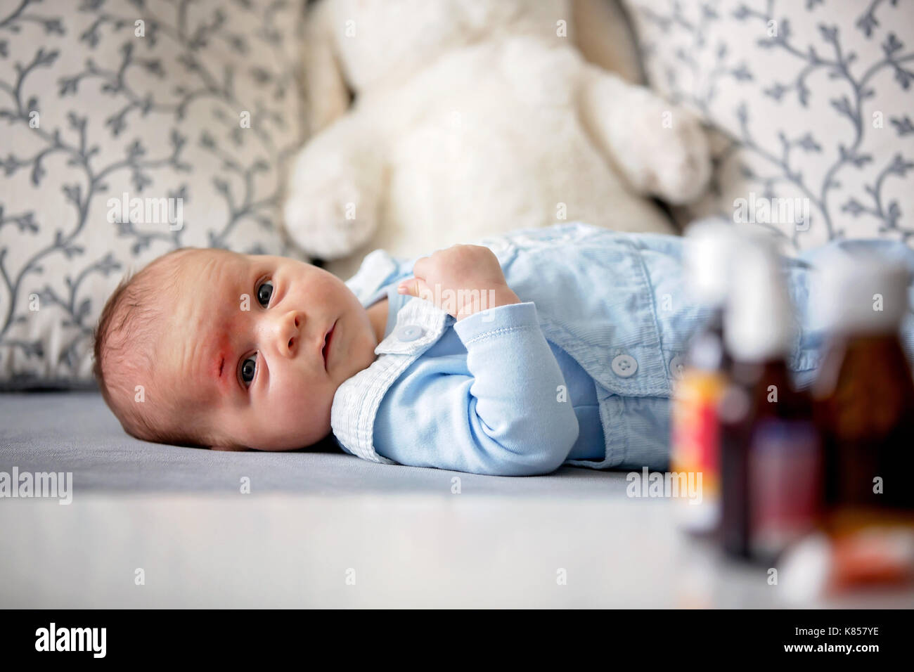 Little newborn baby with little wound on his forehead, scratch Stock ...