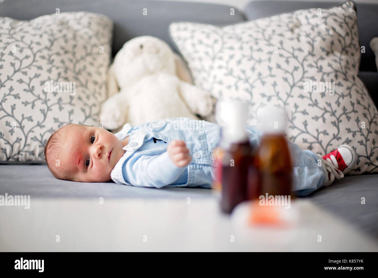 Little newborn baby with little wound on his forehead, scratch Stock ...