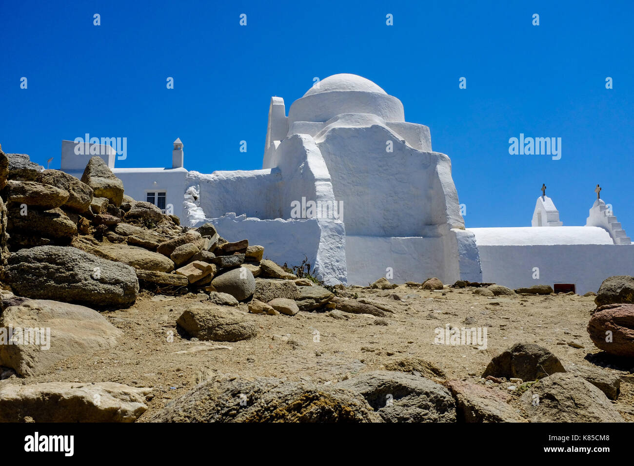 General views of Mykonos, Greece including buildings, flags and ...