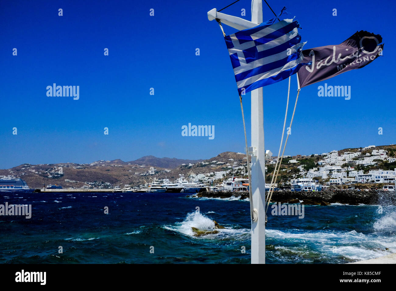 General views of Mykonos, Greece including buildings, flags and ...