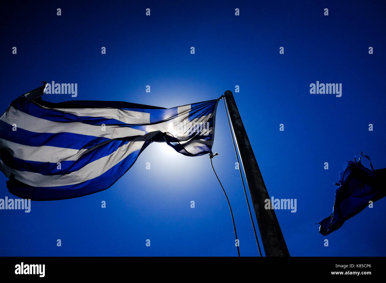 General views of Mykonos, Greece including buildings, flags and ...