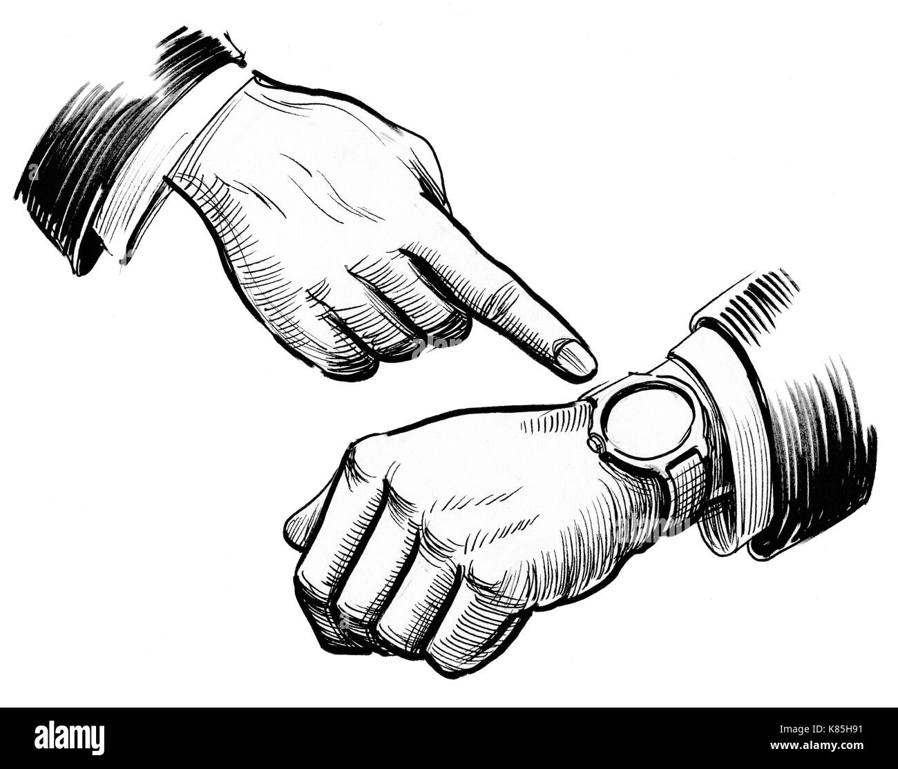 Hand pointing on watch. Ink black and white drawing Stock Photo - Alamy