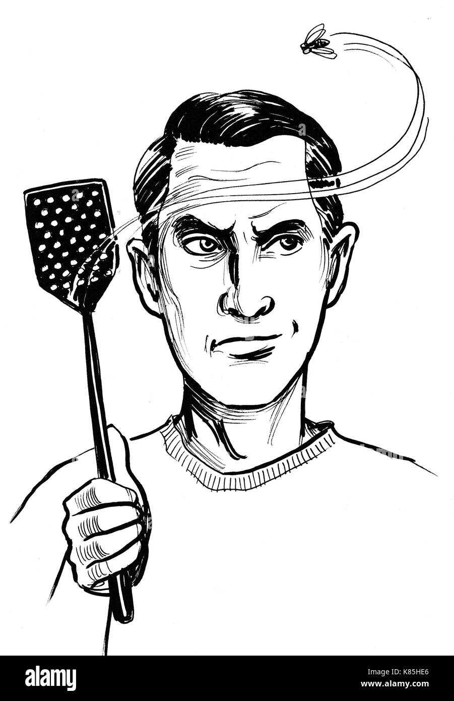 Man and fly. Ink black and white illustration Stock Photo - Alamy