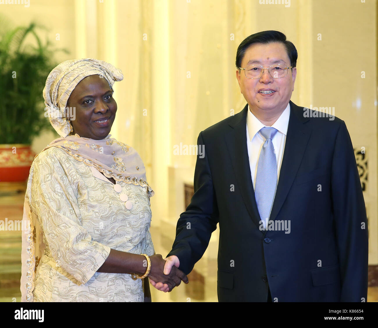 Beijing, China. 18th Sep, 2017. Zhang Dejiang (R), chairman of the ...
