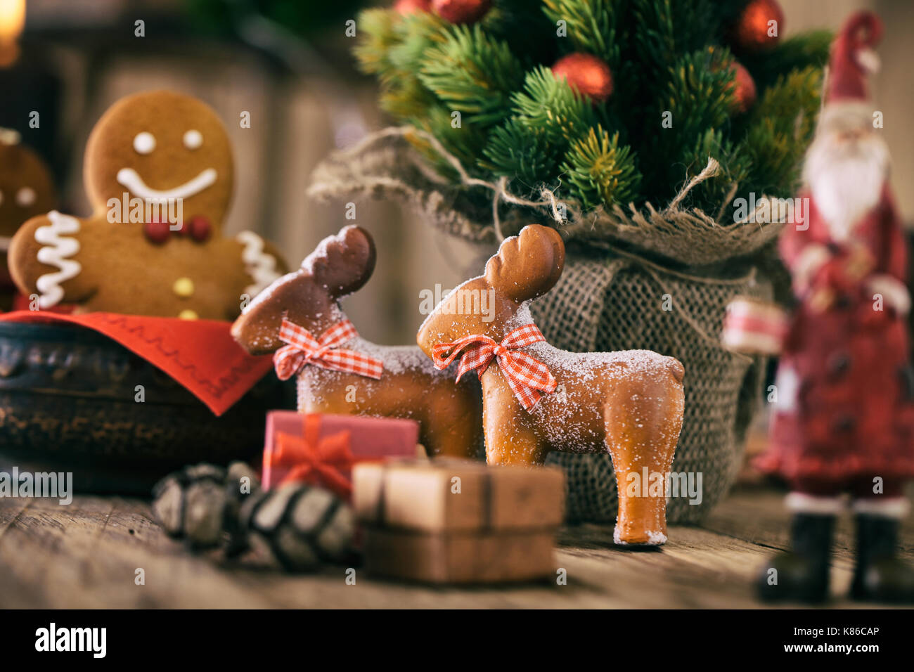 Christmas decoration. Gingerbread cookies. Santa Claus and reindeer ...