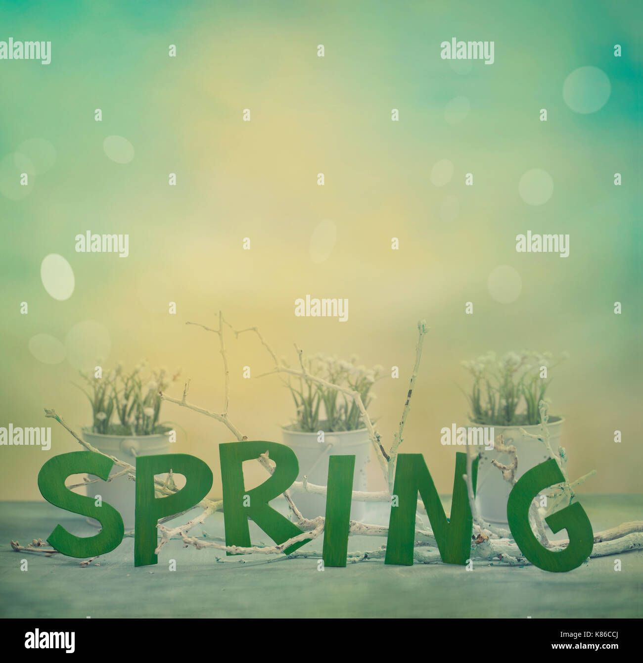 Spring background. Spring letters with flowers and blurred background ...