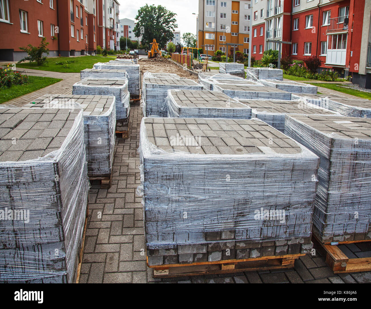 construction of a new modern road with paving slabs in the city on ...