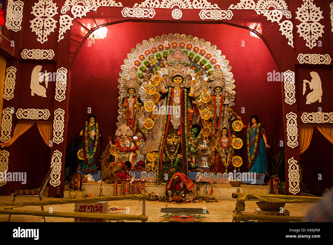 Goddess Durga, a pandal display during Durga Puja in Delhi, India Stock ...