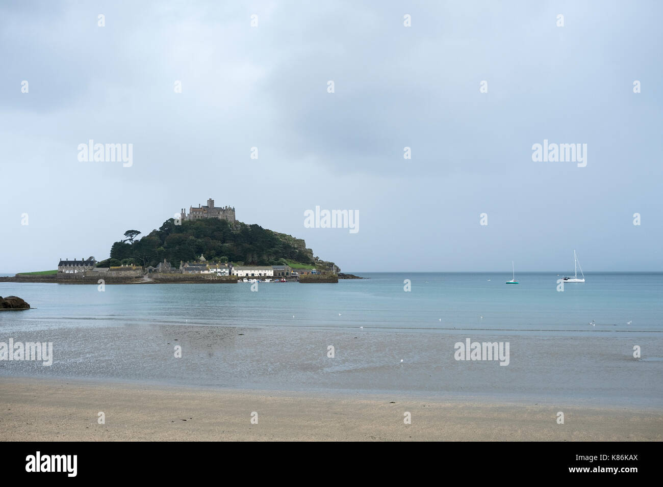 A watery autumnal sky looms over St Michael's Mount, Marazion, Cornwall ...
