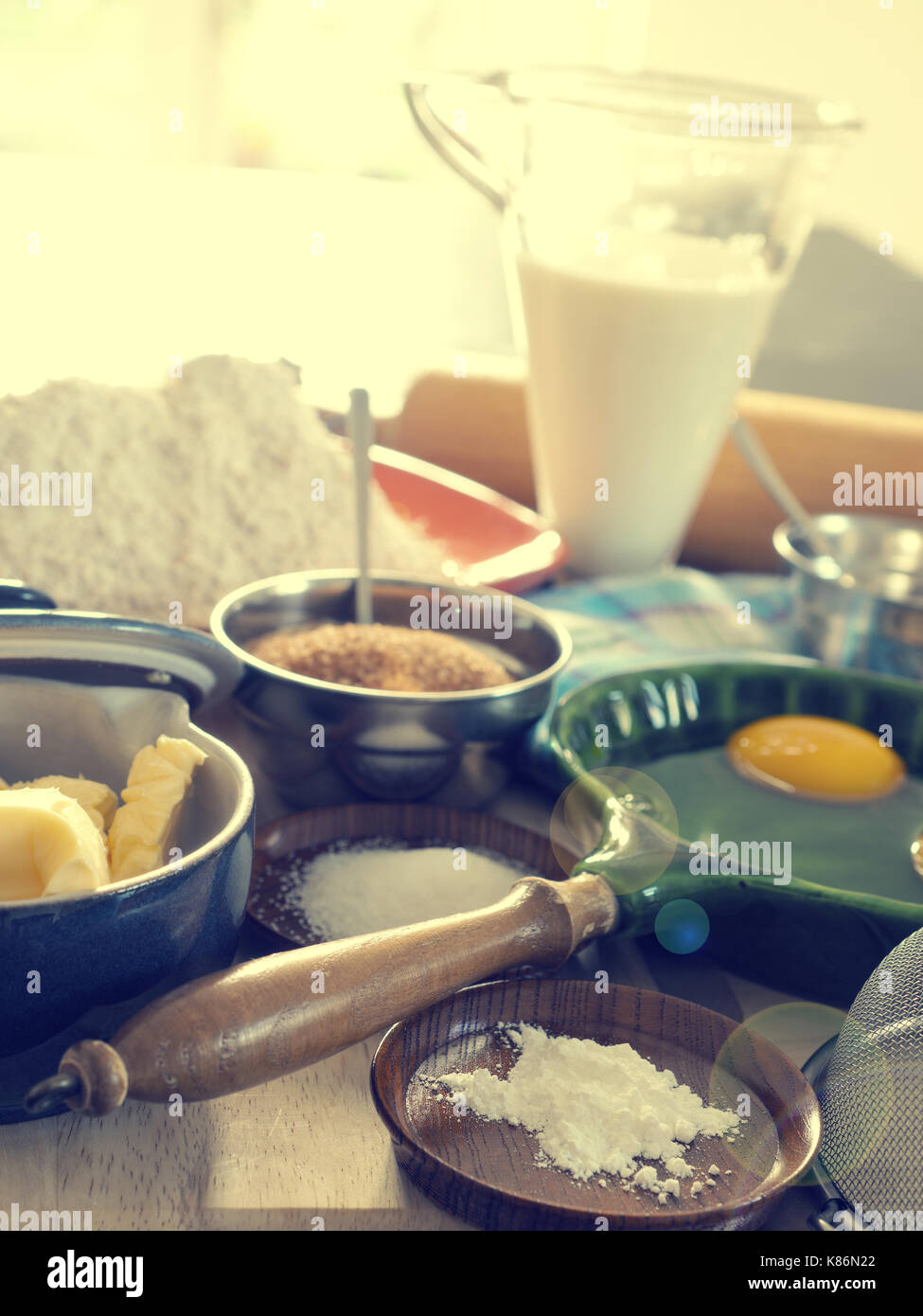 Baking ingredients on a worktop in the kitchen Stock Photo - Alamy