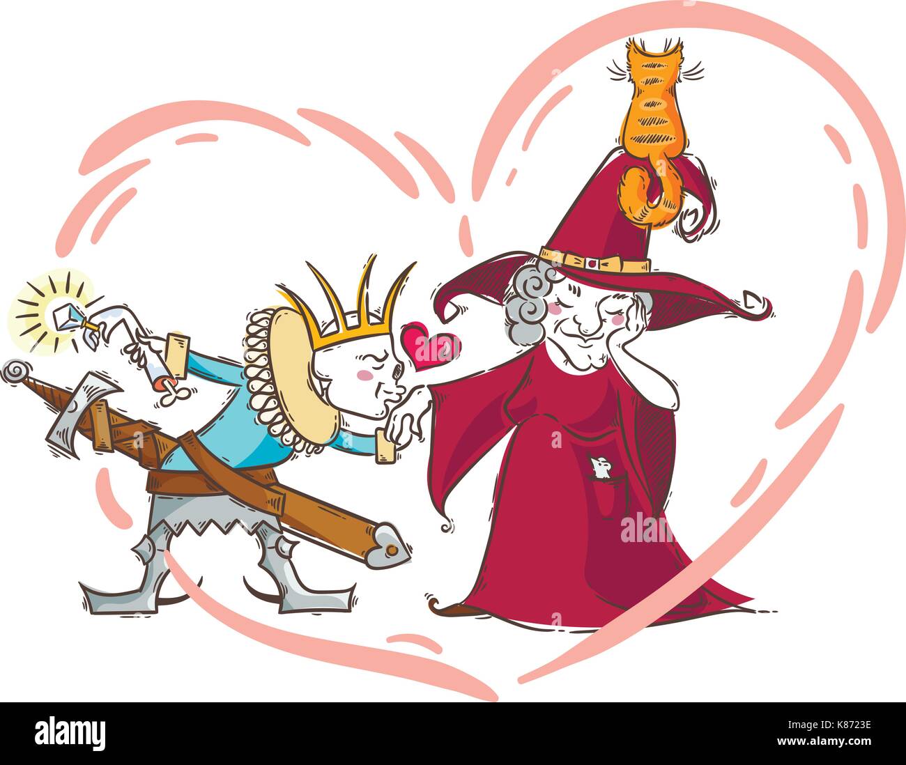 Cute cartoon with witch and lich. Love in happy Halloween. Illustration ...