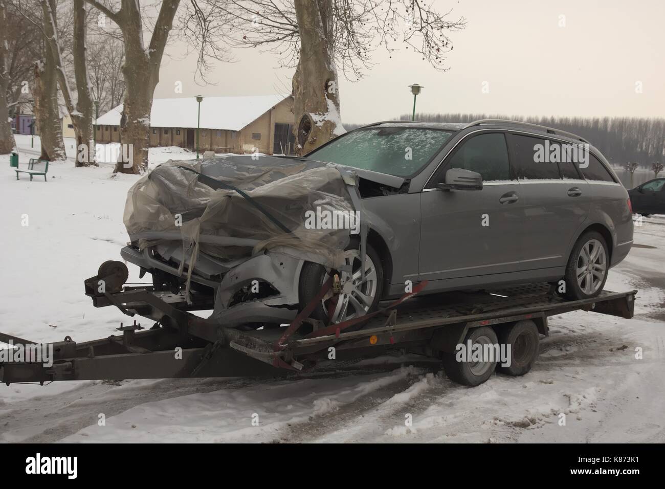 Crashed car on truck Stock Photo - Alamy