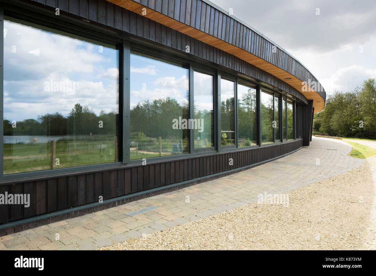 View of front facade of pavilion with curved windows. Lakeside Centre ...