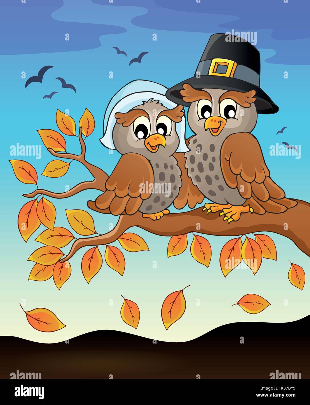Happy Thanksgiving owls on branch - eps10 vector illustration Stock ...