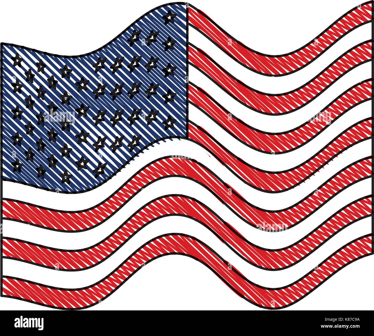flag united states of america waving in colored crayon silhouette Stock ...