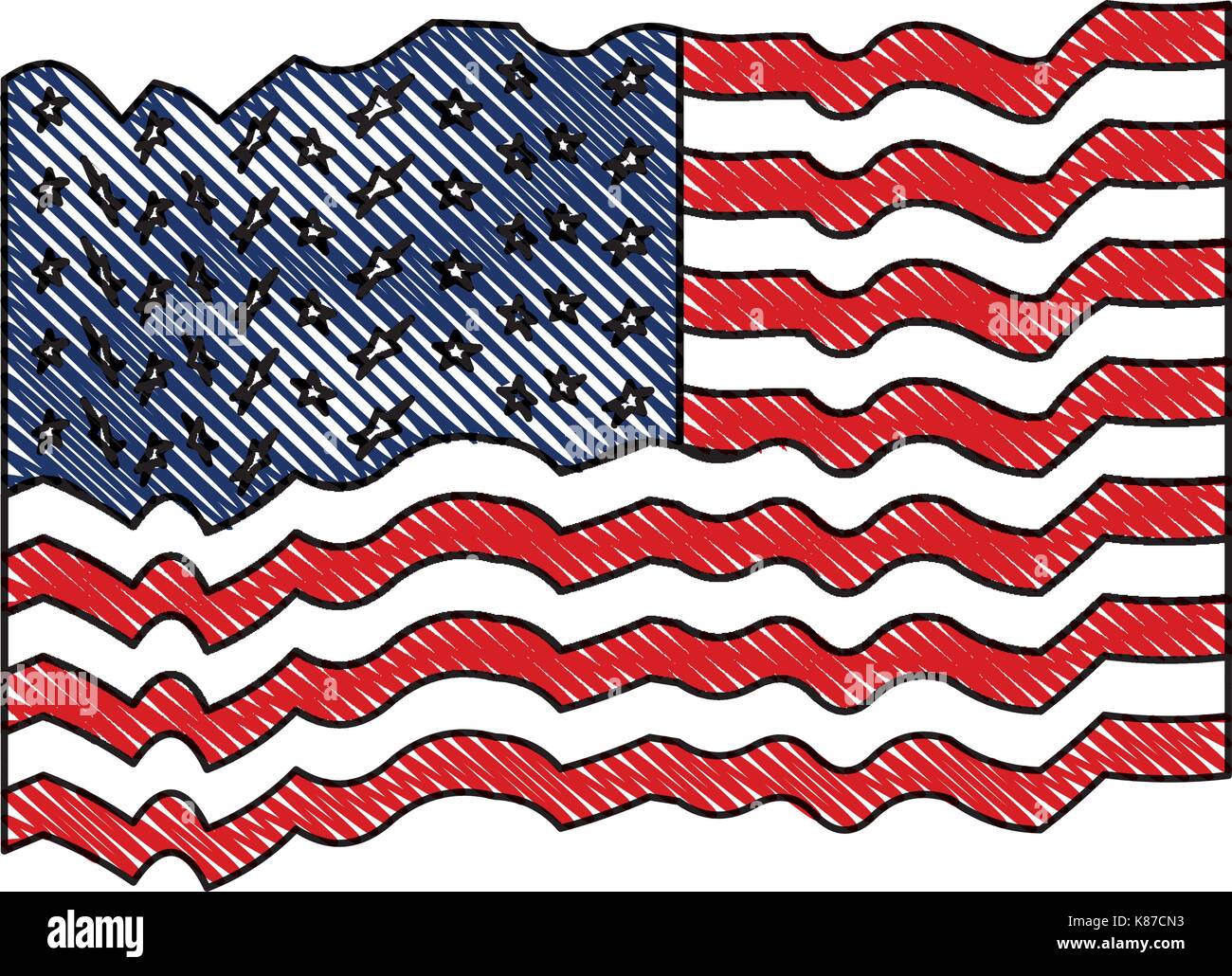 flag united states of america waving in colored crayon silhouette Stock ...