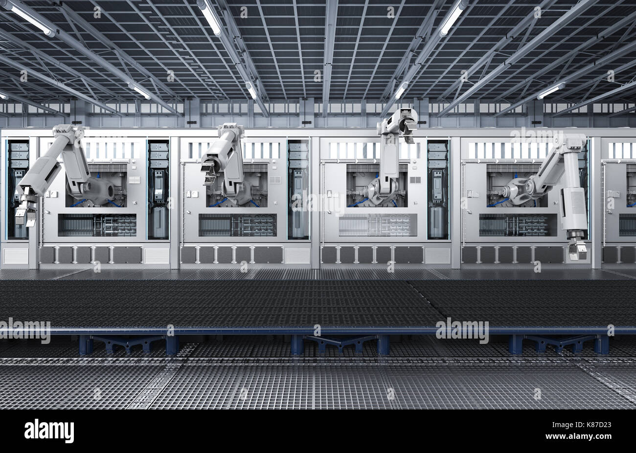 3d rendering robotic machines with conveyor line Stock Photo - Alamy